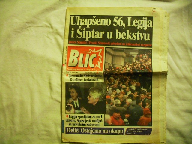 Blic 14.03.2003. Uhapseno 56, Legija i Siptar u bekstvu