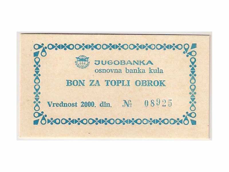 Bon za topli obrok JUGOBANKA Osnovna Banka Kula