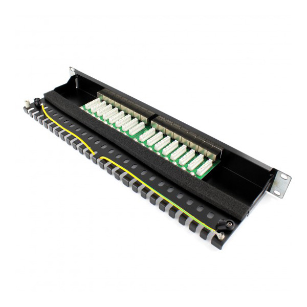 Patch panel 19"/1U sa 16 RJ-45 STP kat. 6A Fully Shielded, Krone LSA reglete, držač kablova sa zadnje strane sa buksnom za uzemljenje (fiksni portovi), Full FA674168C6A