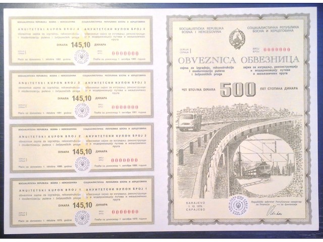 Obveznica 500 din Bosna i Hercegovina 1976. (Specimen)